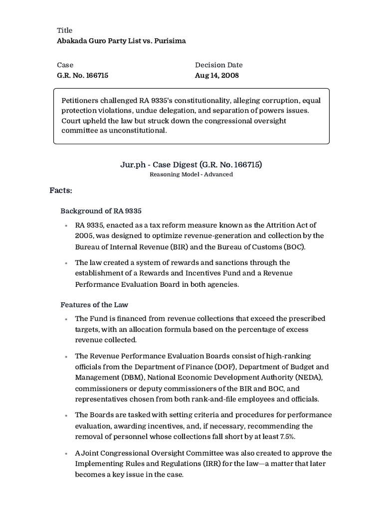 RA 9335 Constitutionality Ruling Summary | PDF | American Government ...