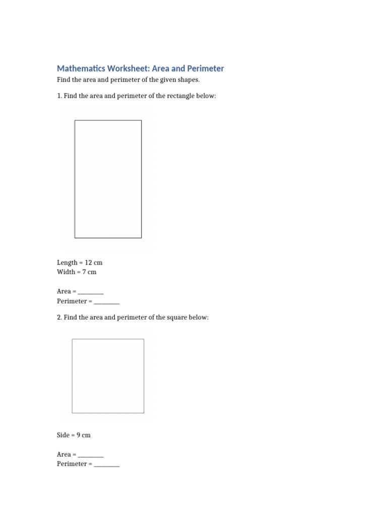 Area and Perimeter Worksheet | PDF