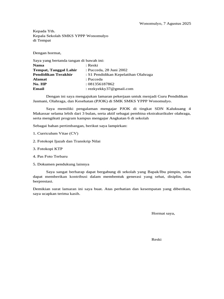 Surat Lamaran Guru PJOK Reski | PDF