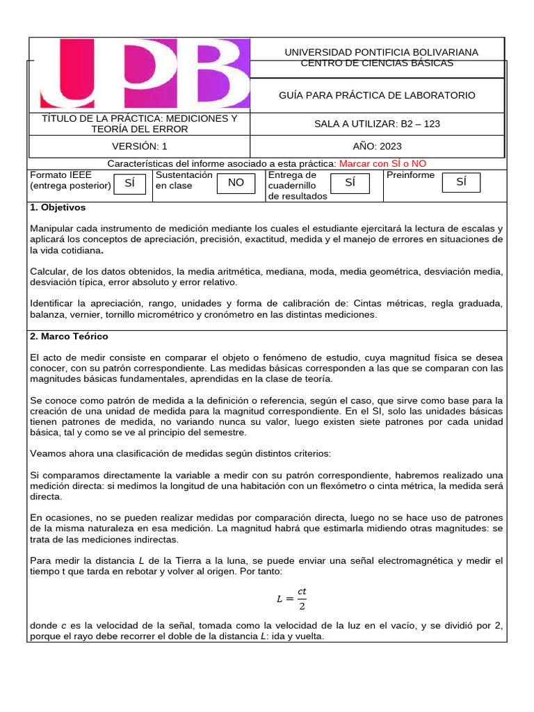 Practica 1. Mediciones y Teoría Del Error (v1) | PDF | Medición | Exactitud y precisión