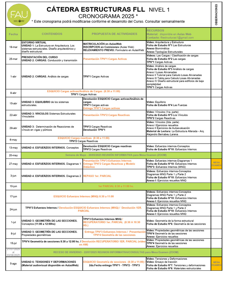 Cronograma de Clases FLL-E1-2025 | PDF | Física Aplicada e Interdisciplinaria | Ingeniería mecánica