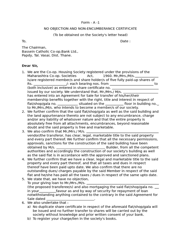 No Objection & Non-Encumbrance Certificate | PDF | Mortgages | Property Law