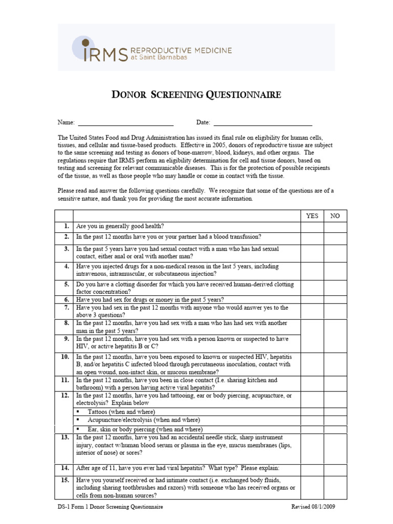 Donor Screening Questionnaire Form | PDF | Menstruation | Birth Control