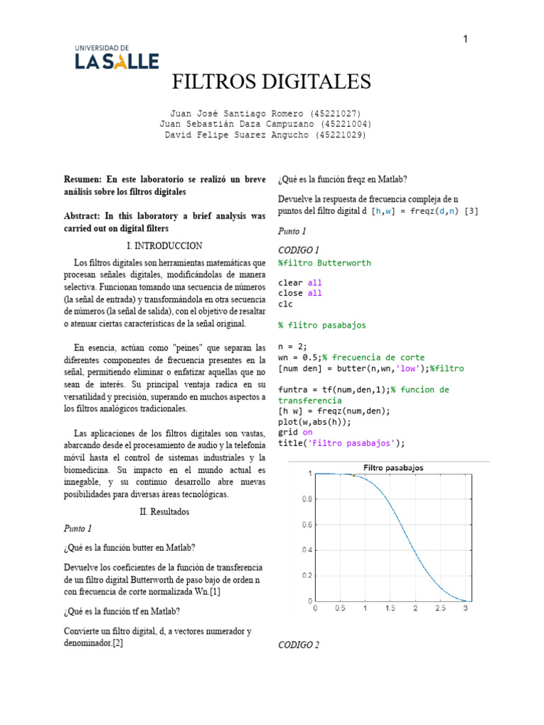 Análisis de Filtros Digitales en MATLAB | PDF | Filtro electronico ...