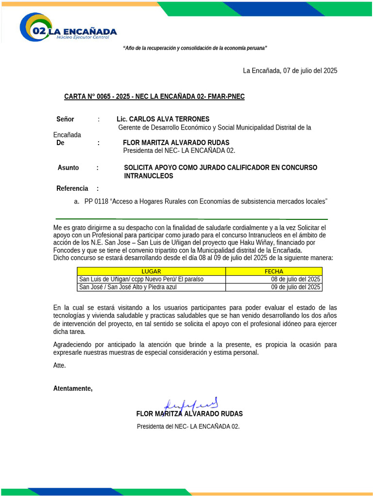 Carta #00065 Solicito Apoyo Como Jurado Calificador | PDF