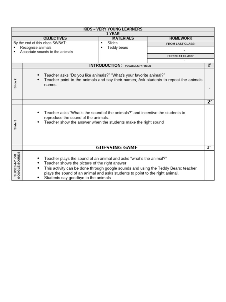 Lesson Plan - Animal Sounds (Very Young Learners) | PDF