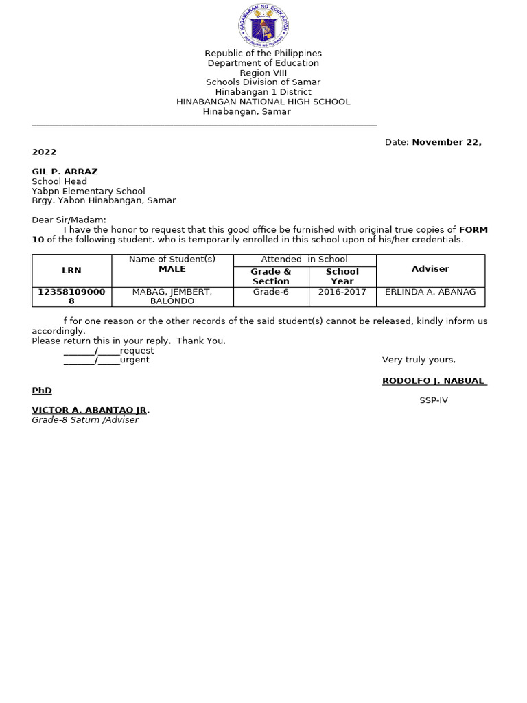 Request for Student FORM 10 Copies | PDF