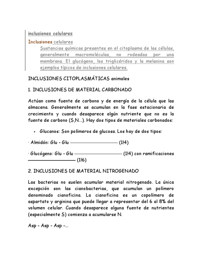 Tipos y funciones de inclusiones celulares | PDF | Polisacárido | Las ...