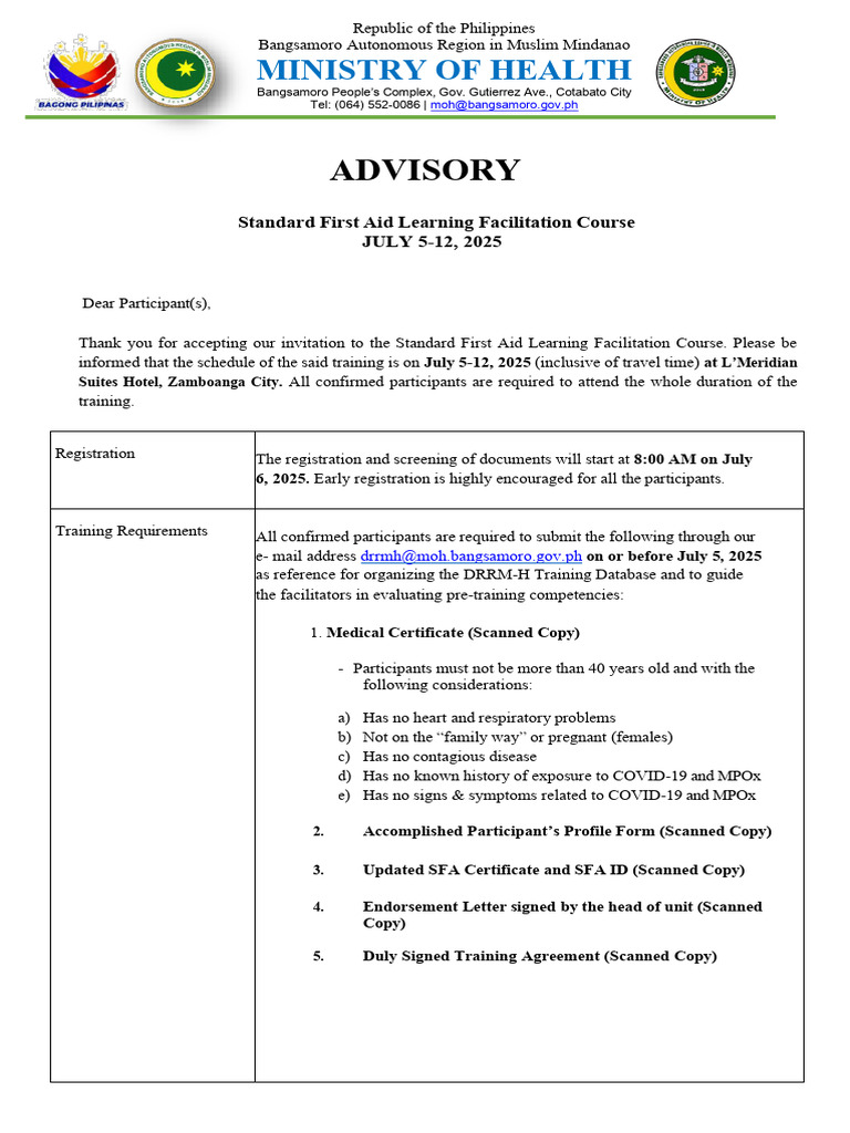 Standard First Aid Course Advisory 2025 | PDF | Health Care
