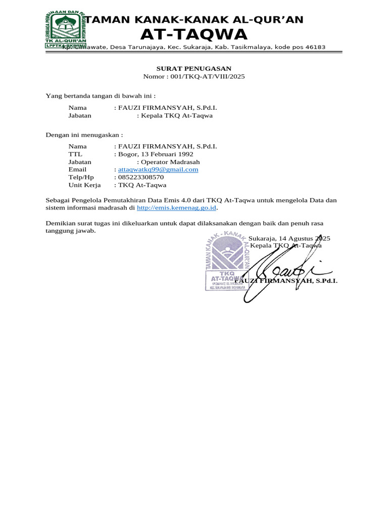 Surat Tugas Operator EMIS TKQ At-Taqwa | PDF