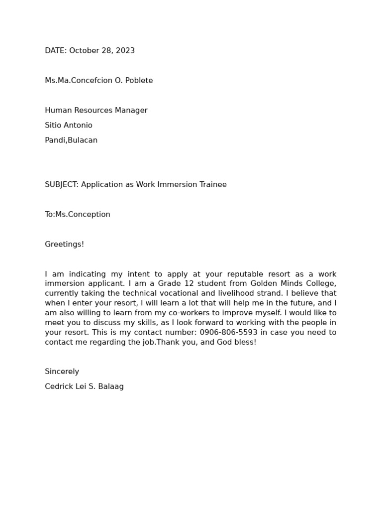 Application for Work Immersion Trainee | PDF