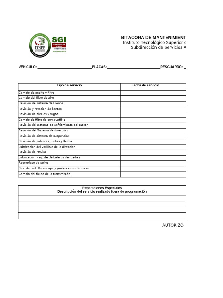 61 SSA P05 F01 Rev.00 Bitacora de Mantenimiento | PDF