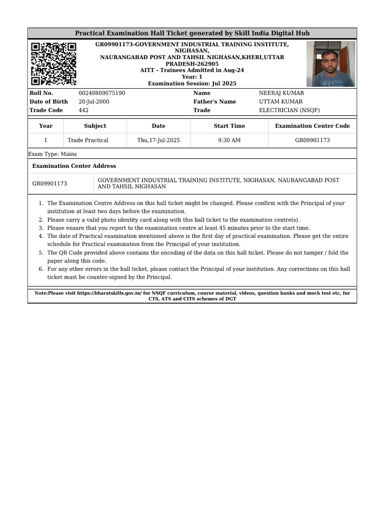 Practical Hall Ticket Neeraj y | PDF