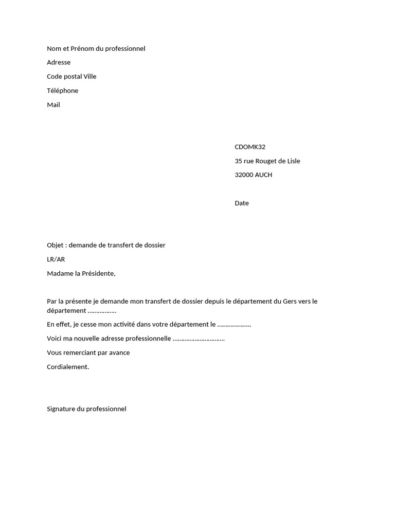 Demande de Transfert de Dossier Professionnel | PDF