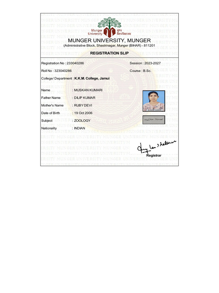 Munger University B.Sc. Registration Slip | PDF