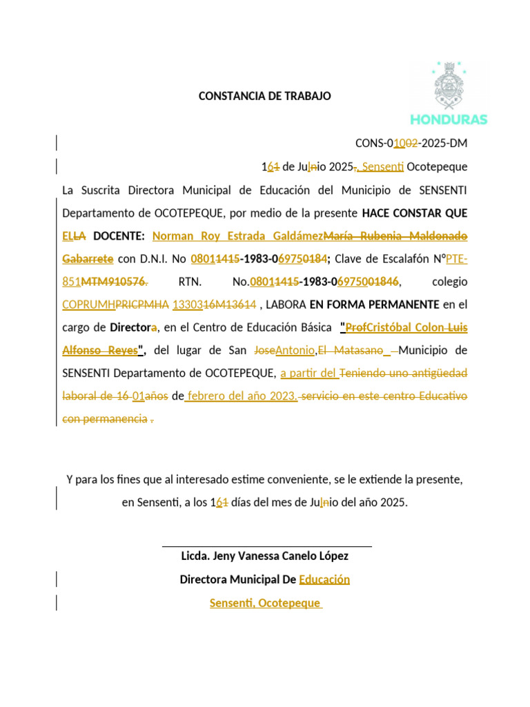 Constancia de Trabajo Direccion Municipal Sensenti TSC | PDF