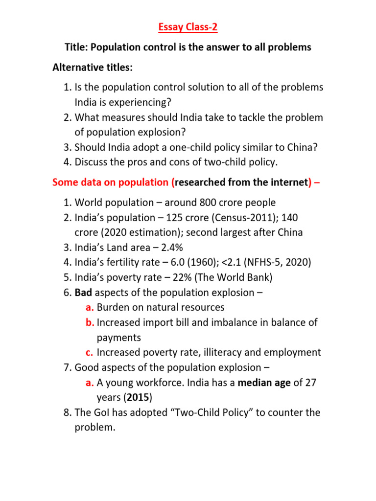 Essay Class 2 Population Control Is The Soltution To All of The | PDF ...