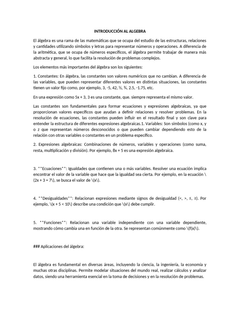 INTRODUCCIÓN AL ALGEBRA LICENCIATURA | PDF | Álgebra | Ecuaciones