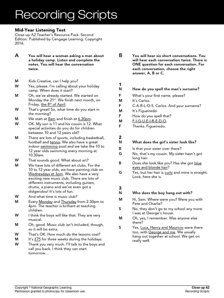 Close-up A2 Listening Test Scripts | PDF