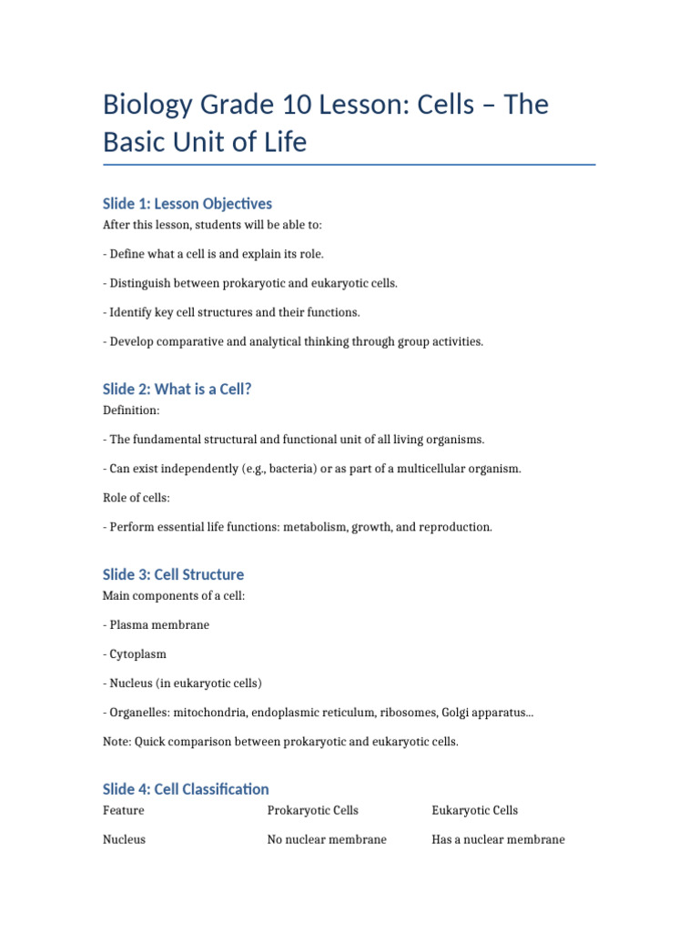 Biology Lesson Cells | PDF