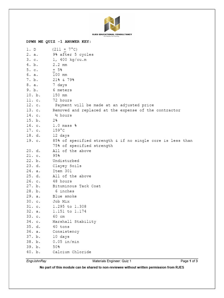 DPWH Me Quiz 1 Answer Key | PDF | Concrete | Building Engineering
