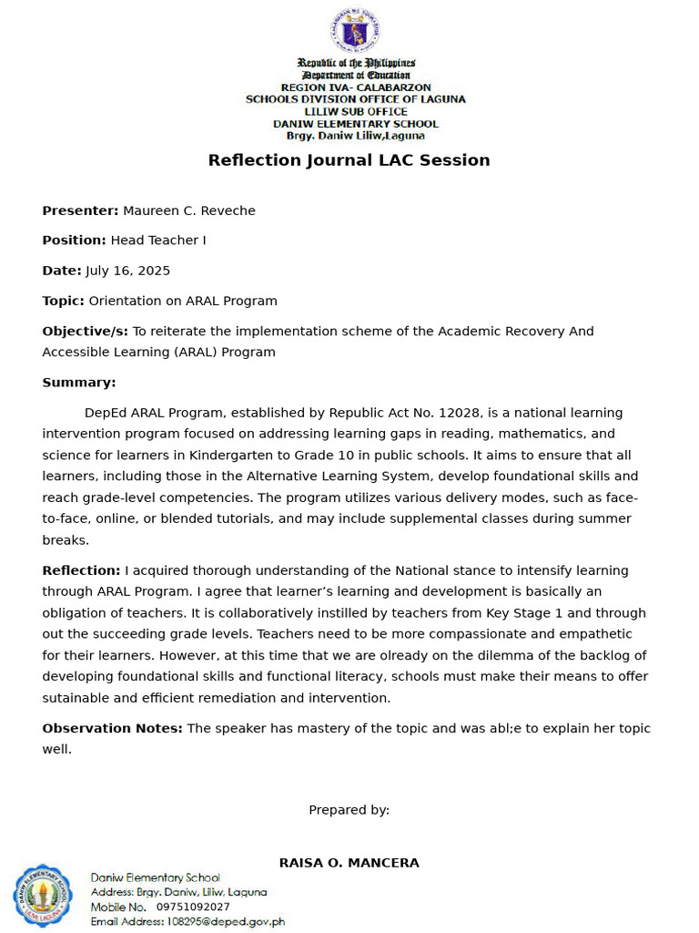 Reflection Journal LAC Session 2024 | PDF | Well Being | Learning