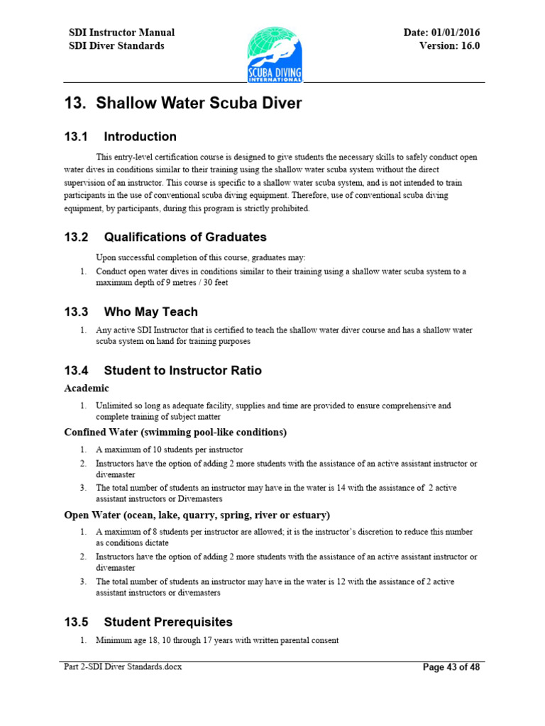 SDI Diver Standards 13 Shallow Water Scuba Diver | PDF | Scuba Diving ...