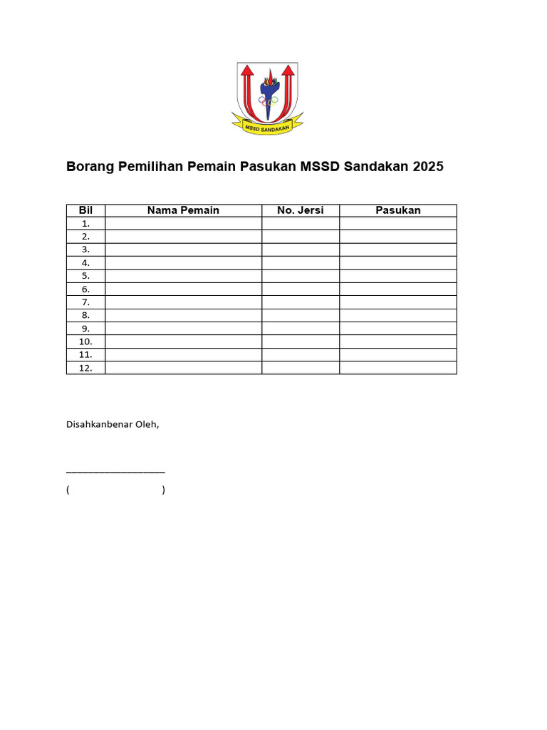 Borang Pemilihan Pemain Pasukan MSSD Sandakan 2025 | PDF