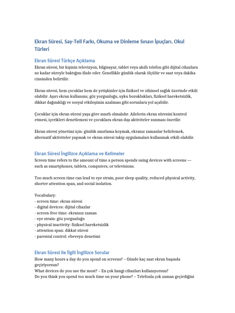 Ekran Suresi Ve Ingilizce Konular | PDF