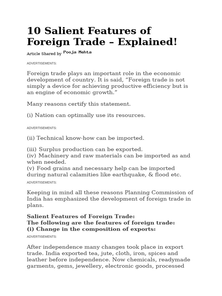 Salient Features of India's Foreign Trade | PDF | Textiles | Trade