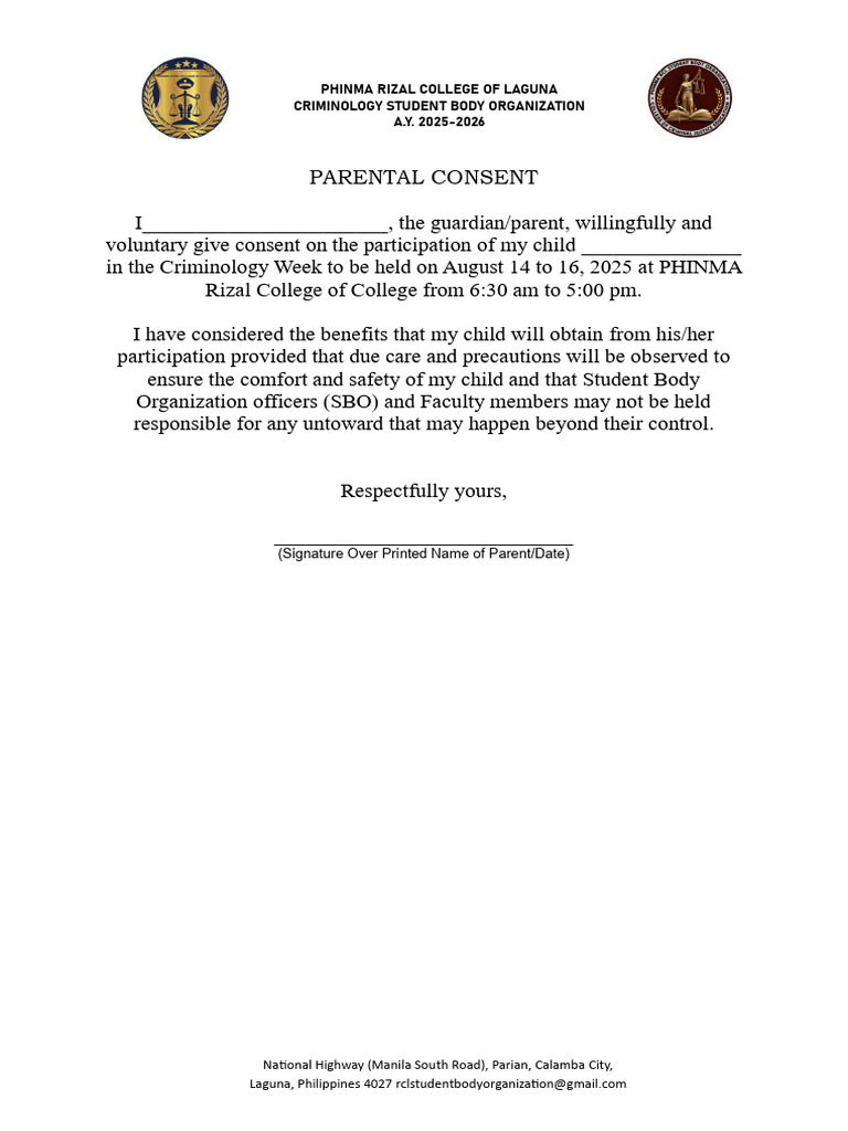 Parental Consent for Criminology Week 2025 | PDF