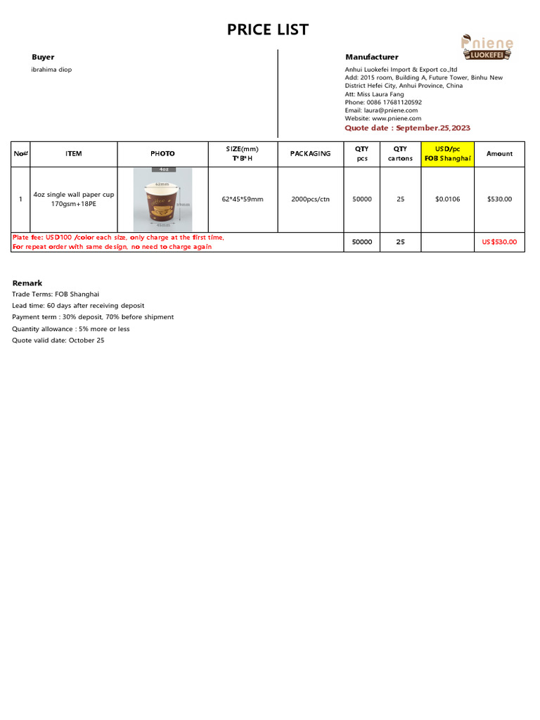 Price List for Paper Cups - FOB Shanghai | PDF