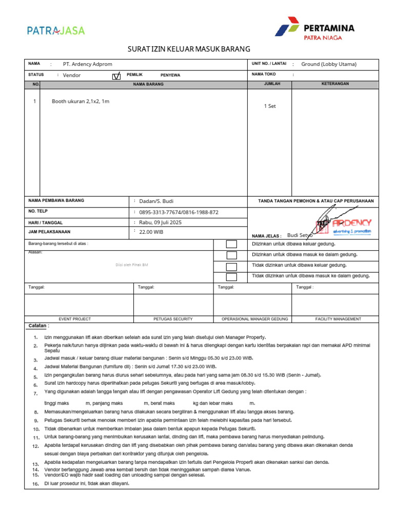 Form Baru Izin Keluar Masuk Barang Pertamina Patra Niaga PDF | PDF