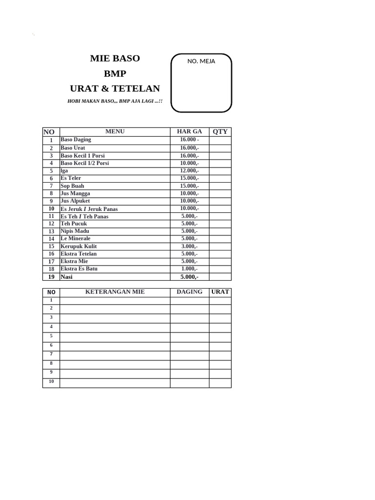 Menu Mie Baso dan Harga Terbaru | PDF