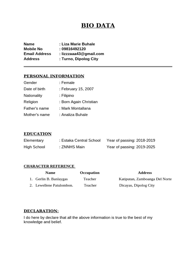 Bio Data Format | PDF