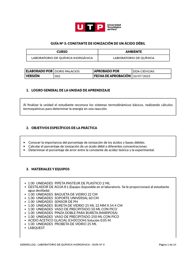 100000L12Q-GUIA N°3-LABQUIMI01-CONSTANTE DE IONIZACIÓN DE UN ÁCIDO DÉBIL | PDF | Constante de ...