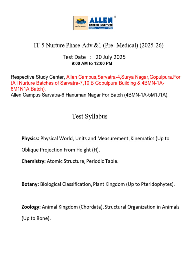 Test Syllabus Nurture Phase One | PDF