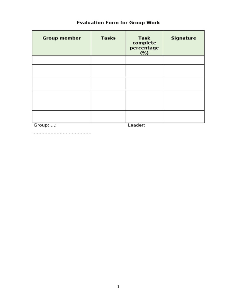 Evaluation Form For Group Work | PDF
