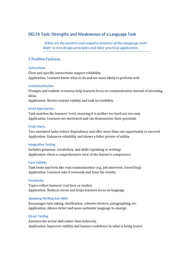 DELTA Task Strengths Weaknesses | PDF | Learning | Job Interview