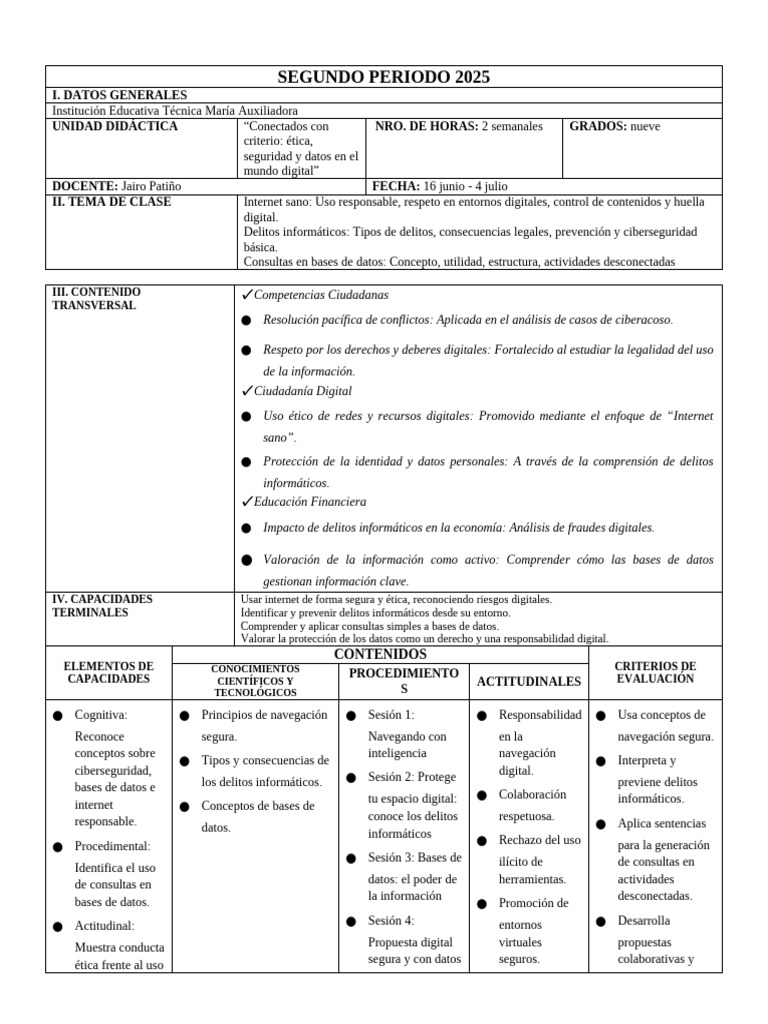 Plan de Aula No. 1 Grado 9 | PDF | Informática | Datos