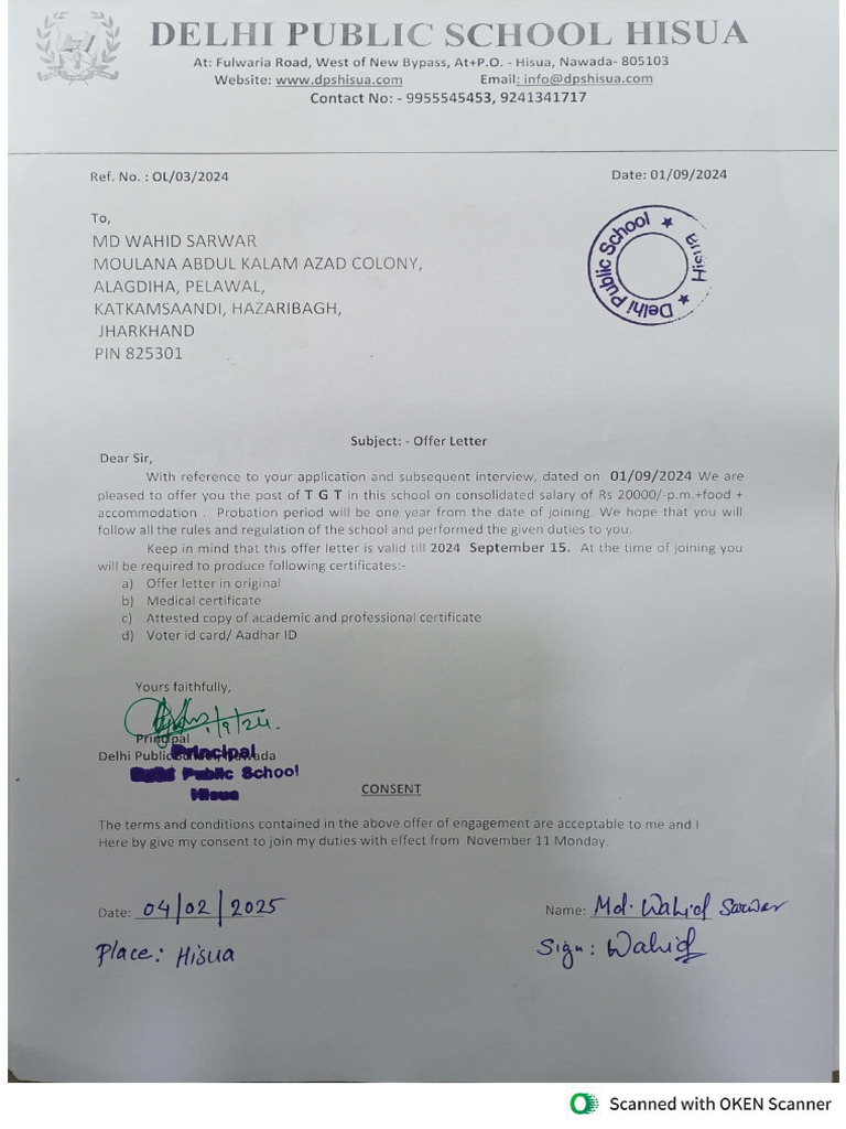 Offer Letter Dps | PDF