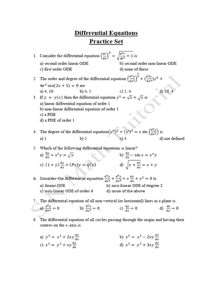 Differential Equations Practice Set | PDF | Ordinary Differential ...