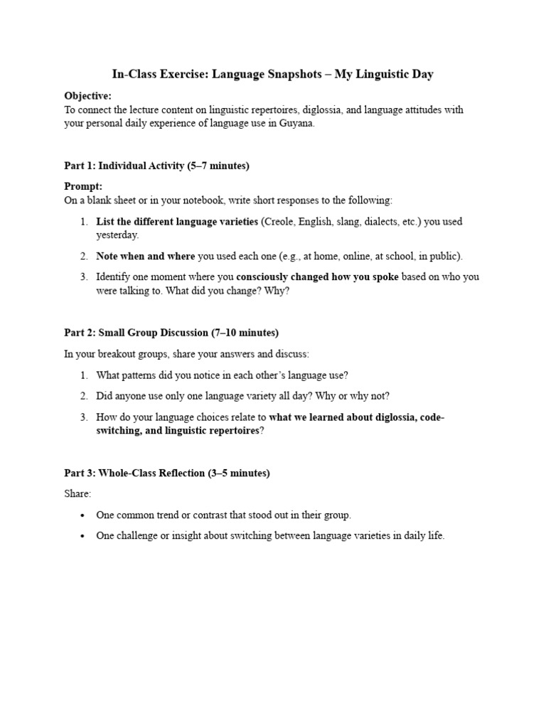 ENG1105 Week 2 in Class Activity My Linguistic Day | PDF