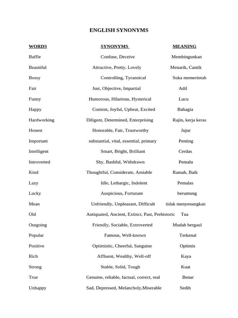 English Synonyms with Examples | PDF | Psychology | Behavioural Sciences