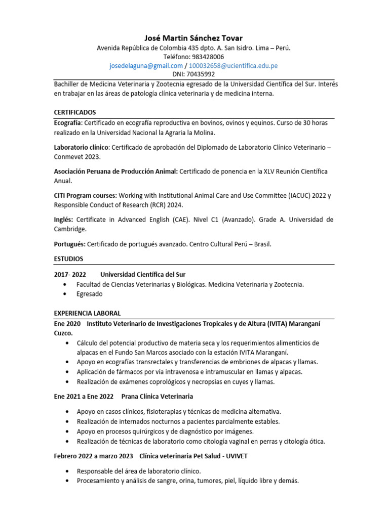 CV José Martin Sánchez Tovar 2024 | PDF | Medicina Veterinaria ...