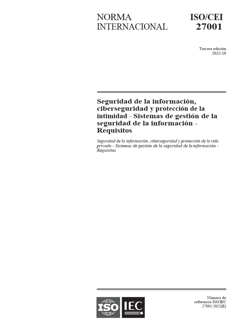 NORMA ISO - 27001 - 2022 - Español | PDF | Seguridad de información | Comisión Electrotécnica ...
