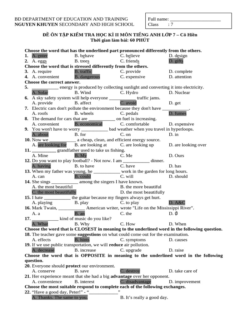 English Exam Review for Grade 7 | PDF | Sun | Solar Energy