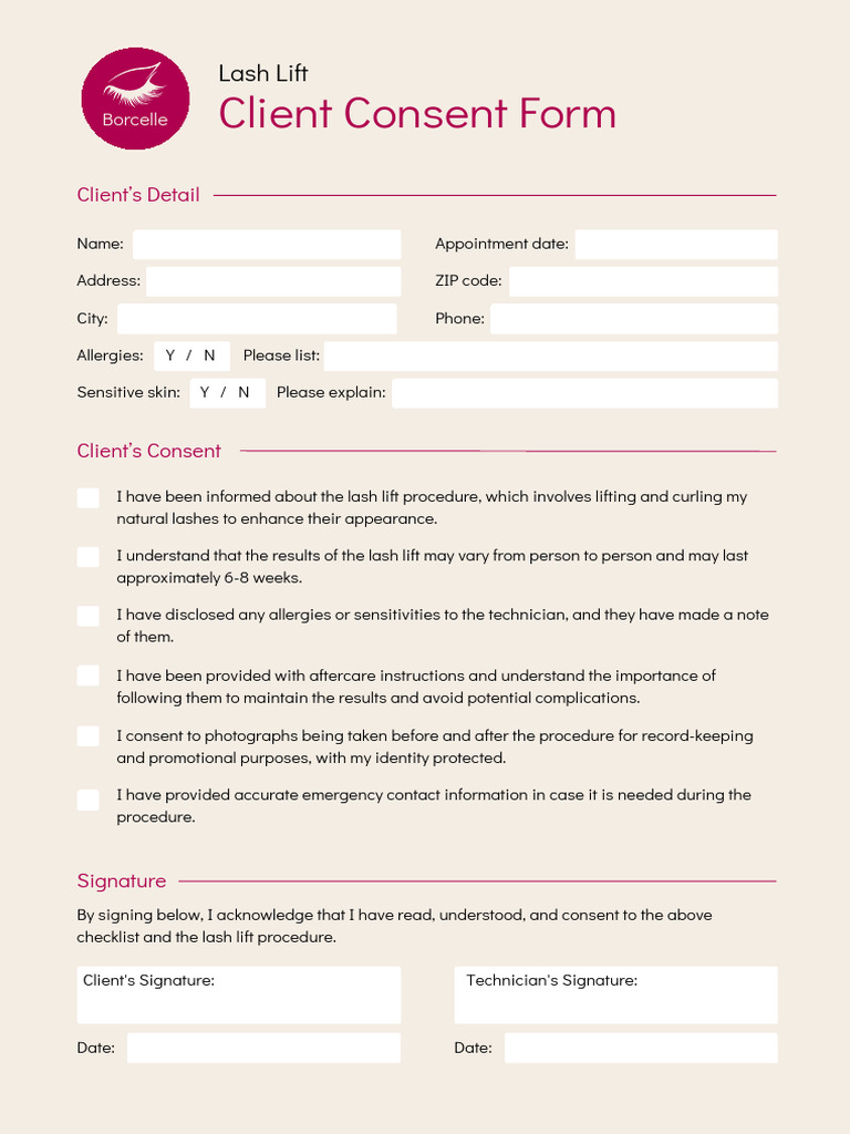 Pink and White Simple and Professional Lash Lift Client Consent Form ...