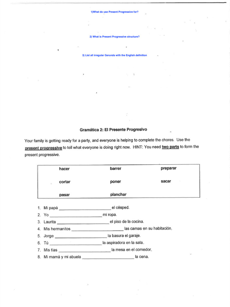 Presente Progresivo Pract For Quiz | PDF