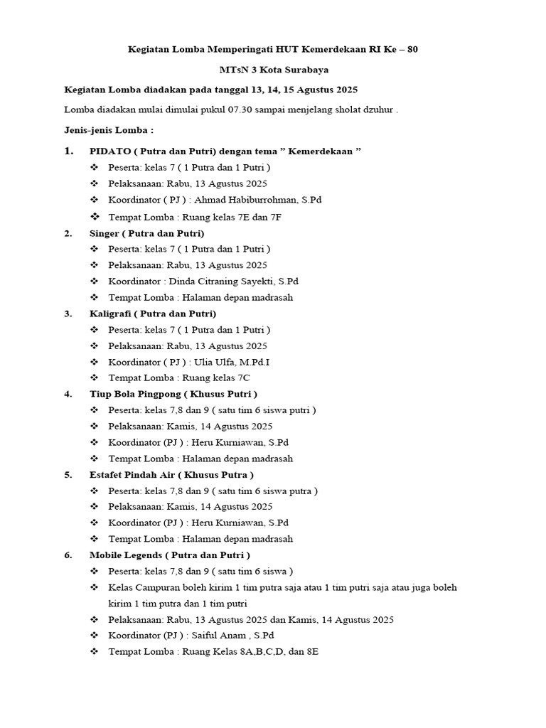 Lomba HUT Kemerdekaan RI Ke-80 di MTsN 3 | PDF